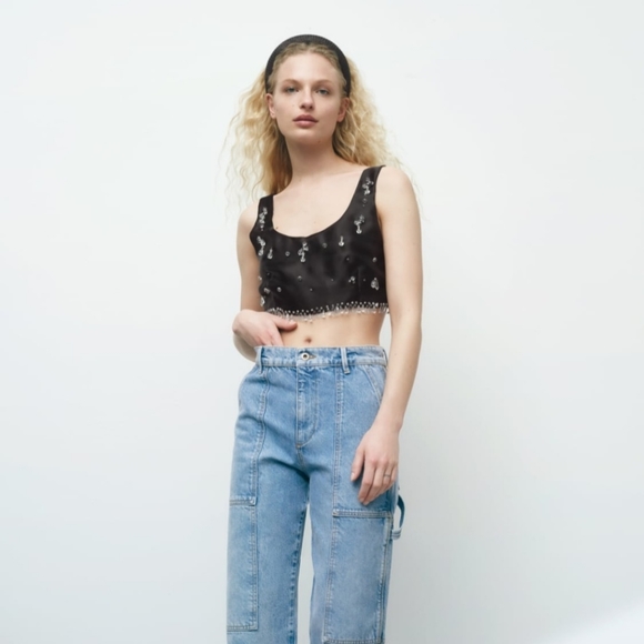 Zara | Tops | Zara Jewel Trimmed Satin Crop Top | Poshmark